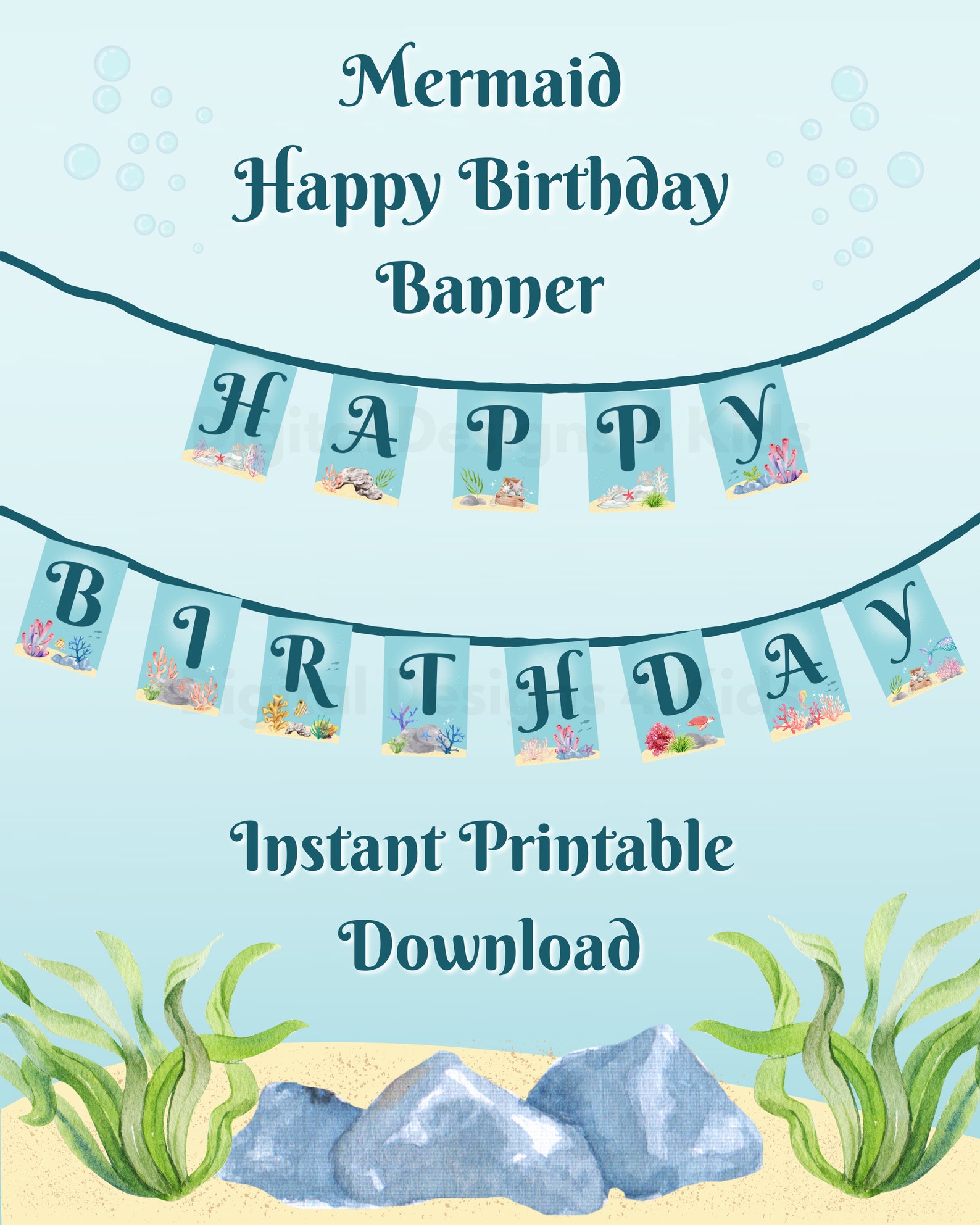 Mermaid Birthday Party Banner, Printable Happy Birthday Banner, Mermaid ...