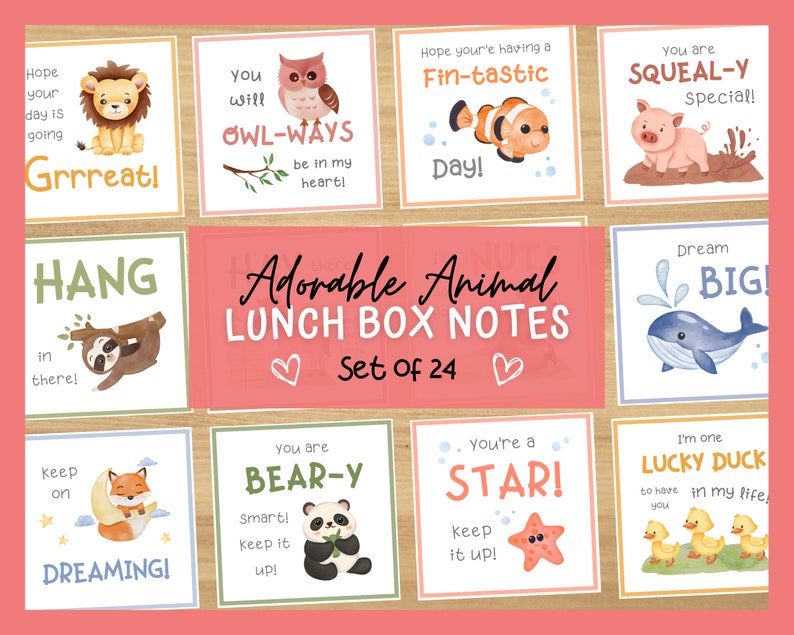 Printable Lunch Box Notes for Kids, Cute Animal Lunch Notes Printable ...