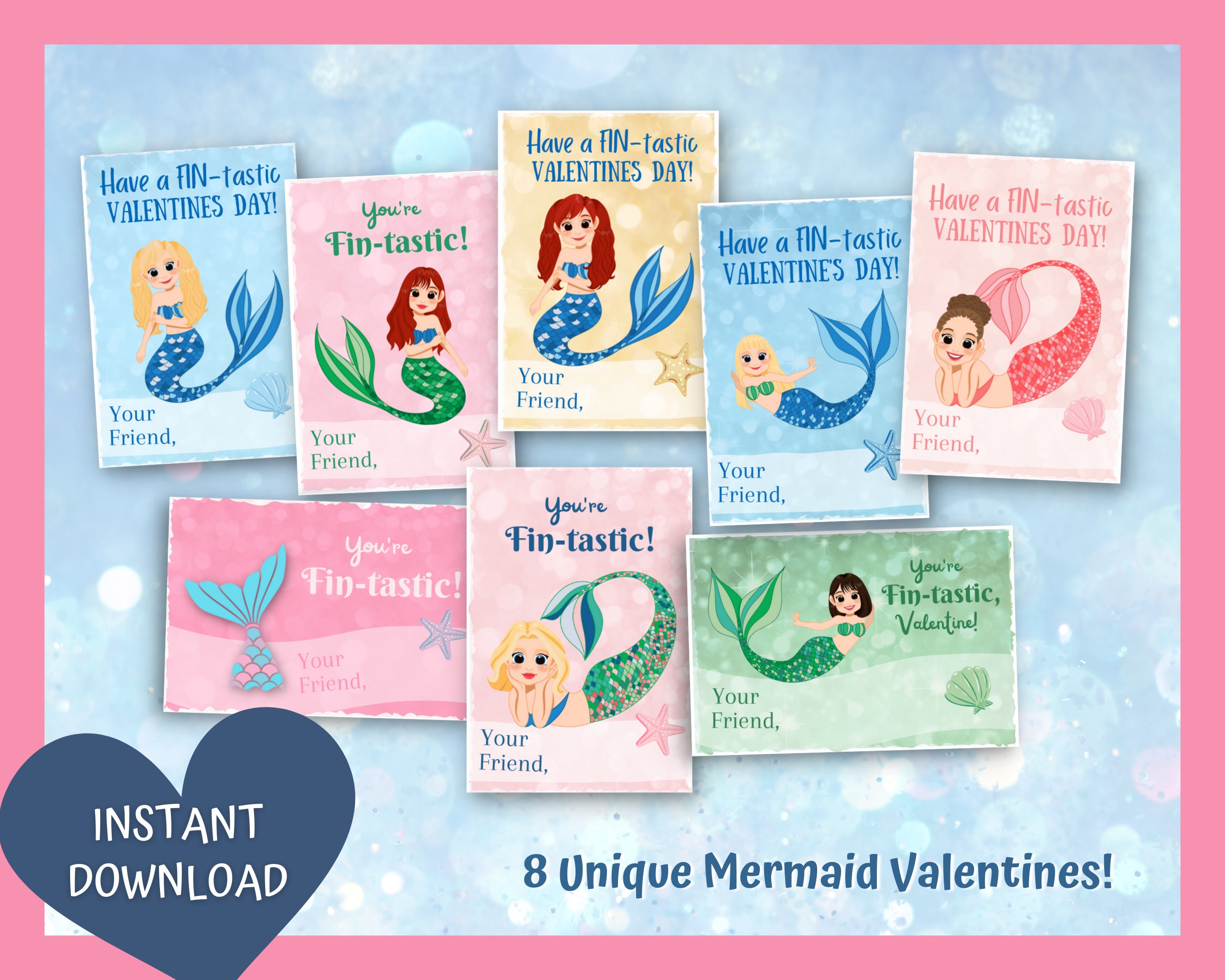 Mermaid Printable Valentines Day Cards for Kids, Under the Sea ...