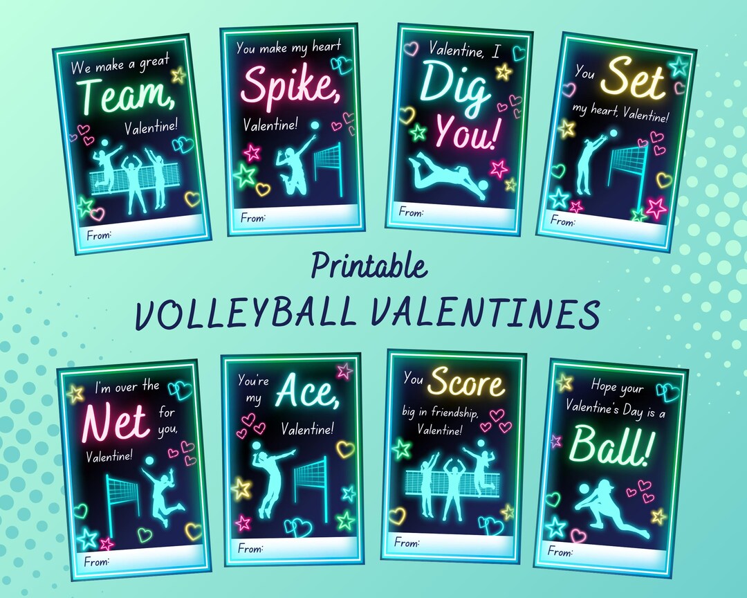 Printable Volleyball Neon Valentines Cards, Girls Sports Valentines ...