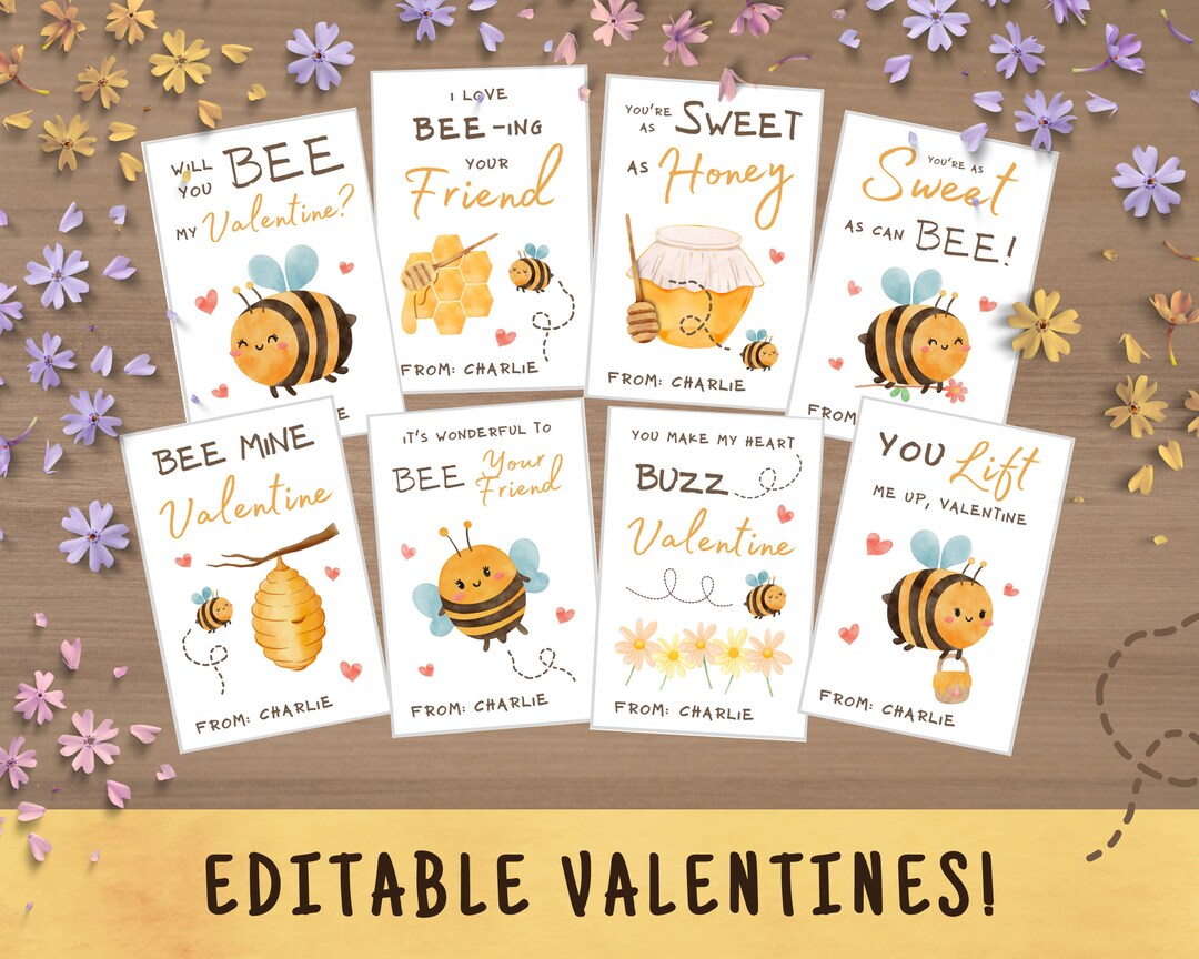 Cute Honey Bee Editable Valentine Cards, Classmate Valentine Exchange ...