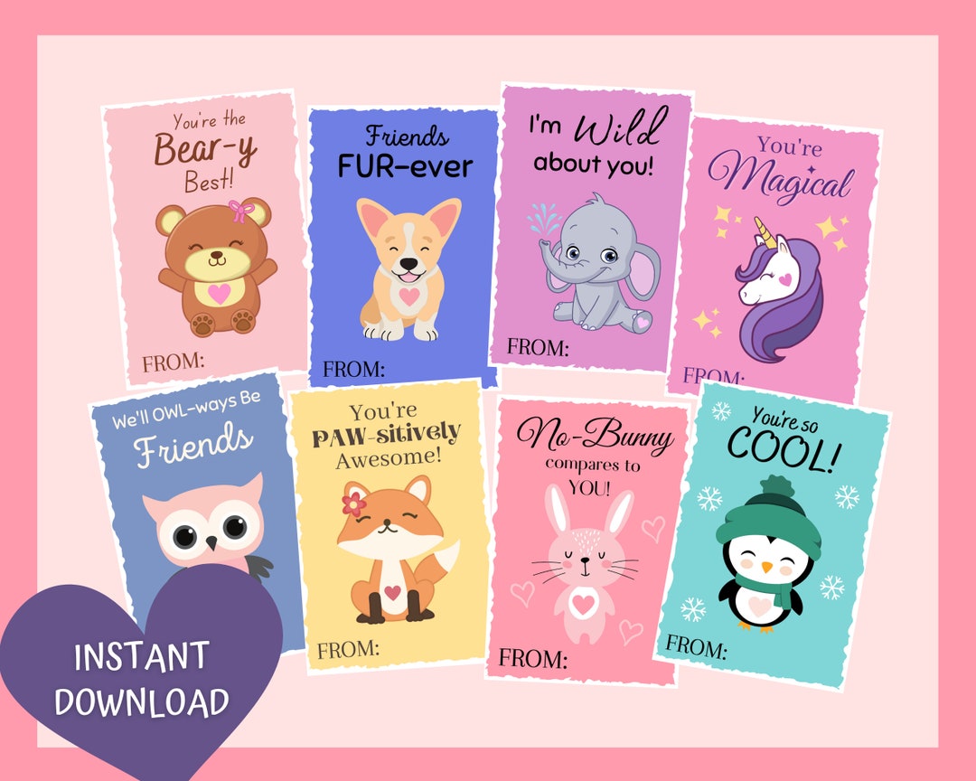 Cute Animals Printable Kids Valentines Day Cards, Preschool Valentines ...