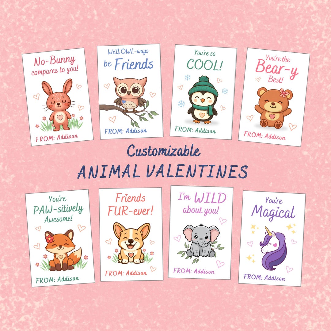 Customizable Cute Animal Valentines Day Cards, Editable Animal Theme ...