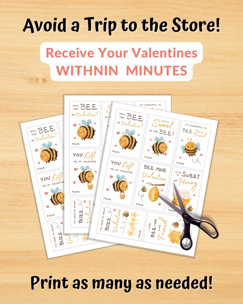 Cute Bee Valentines Day Cards for Kids, Honey Bee School Valentines ...