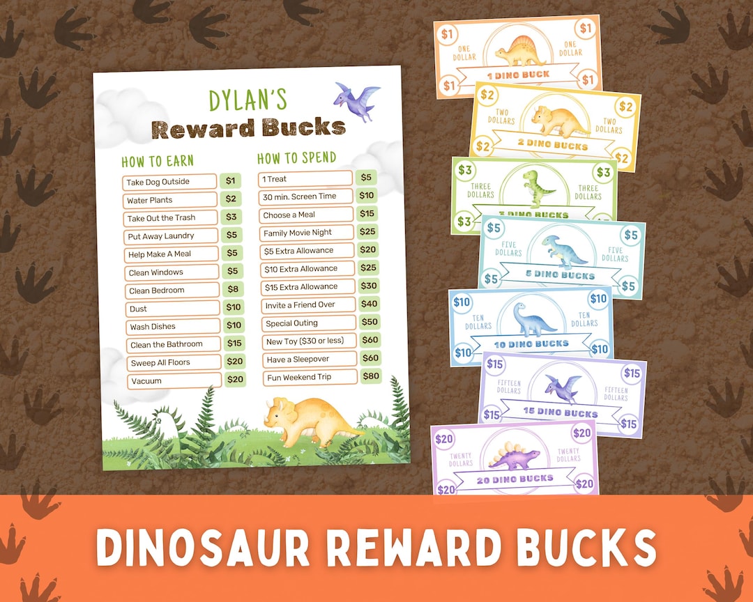 Dinosaur Reward Chart Kids Reward Bucks, Dino Chore Bucks ...
