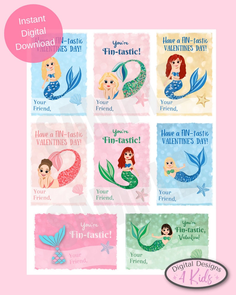 Mermaid Printable Valentines Day Cards for Kids / Girl | Etsy