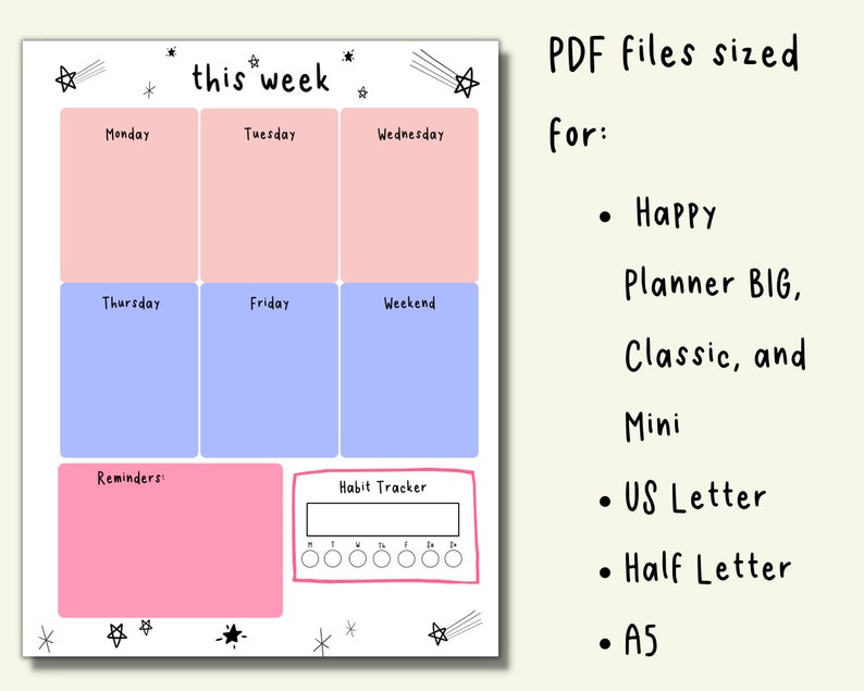 Cute Doodle Vertical Weekly Planner Printable 2 Versions Happy Planner ...