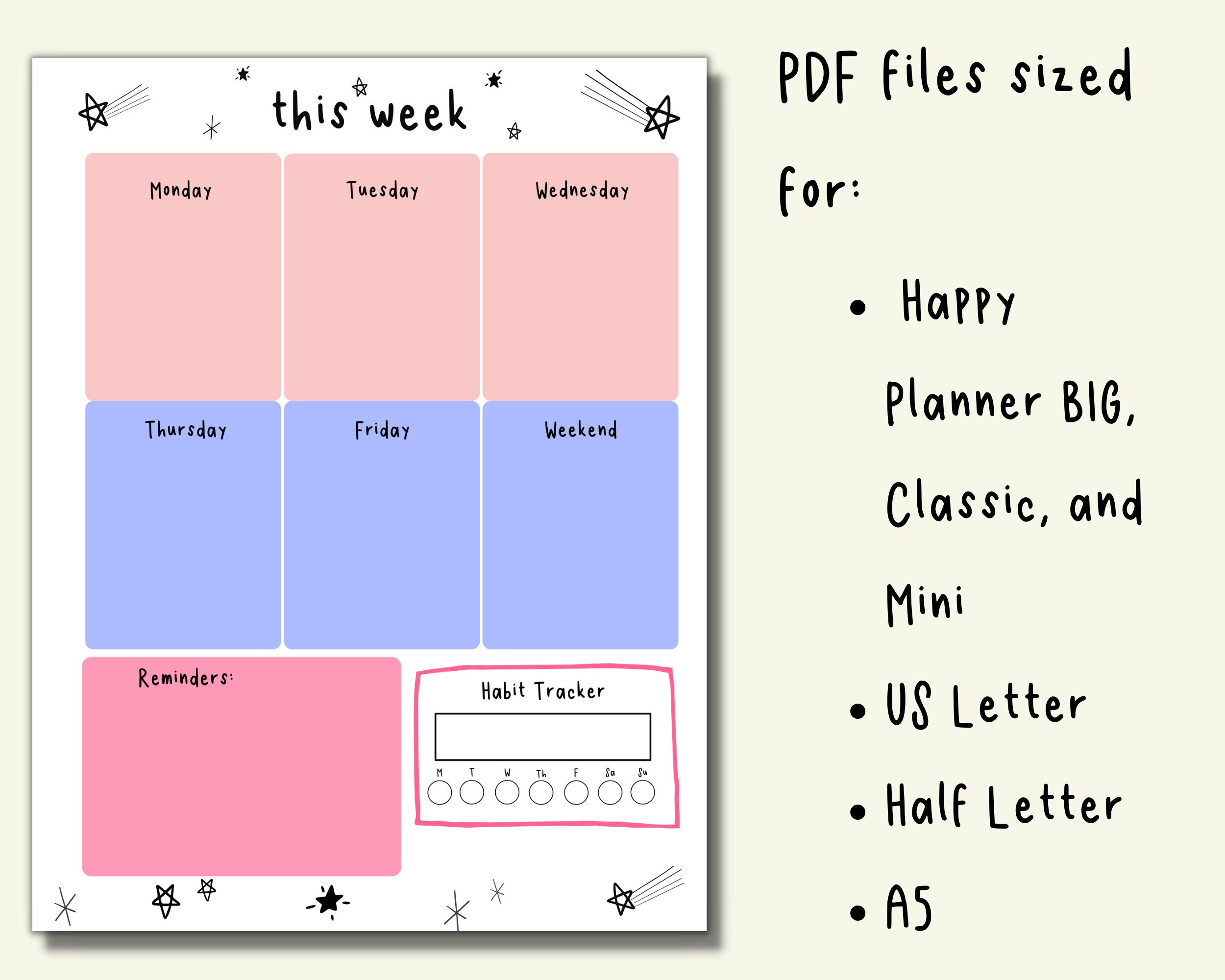 Cute Doodle Vertical Weekly Planner Printable 2 Versions Happy Planner ...