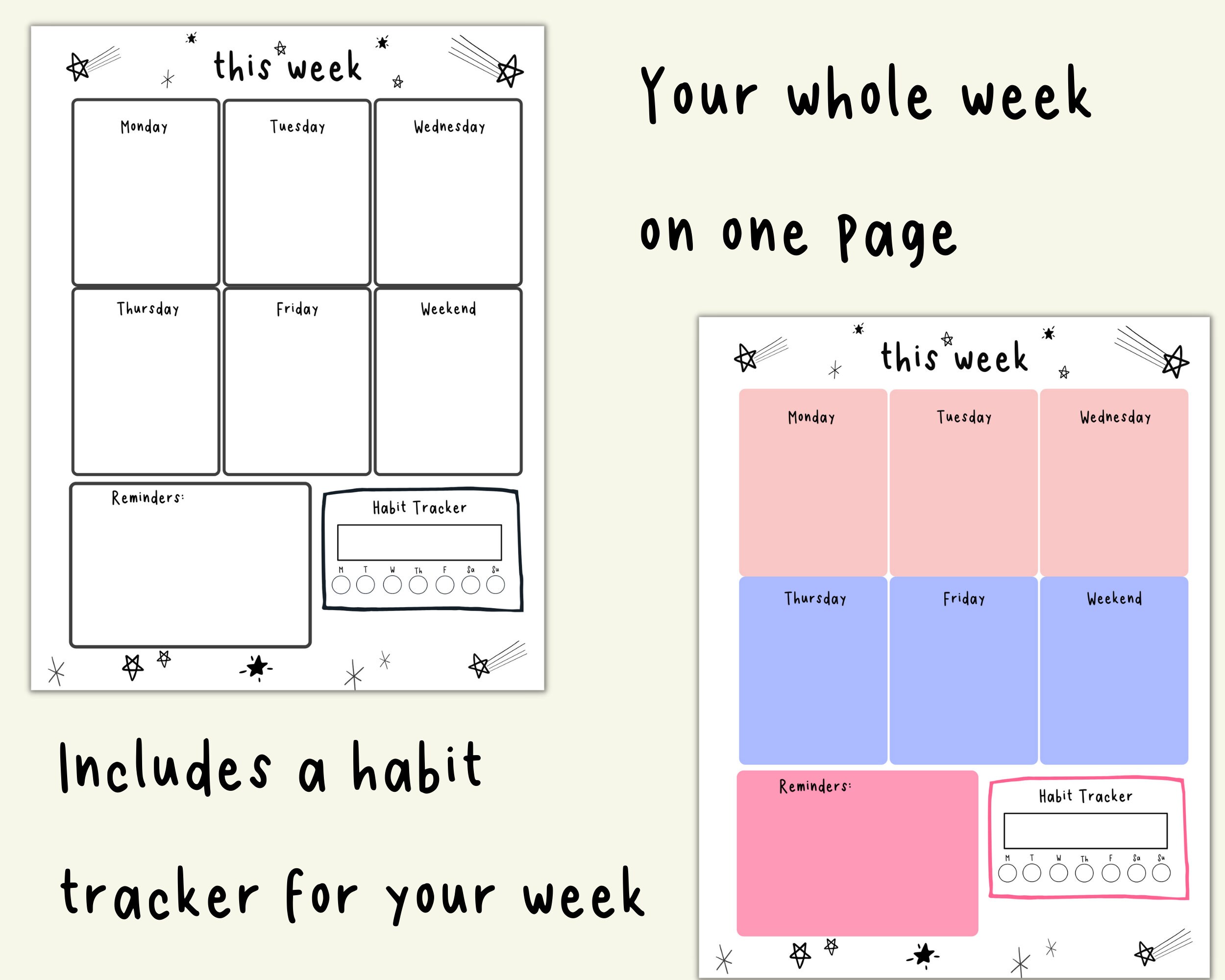Cute Doodle Vertical Weekly Planner Printable 2 Versions Happy Planner ...