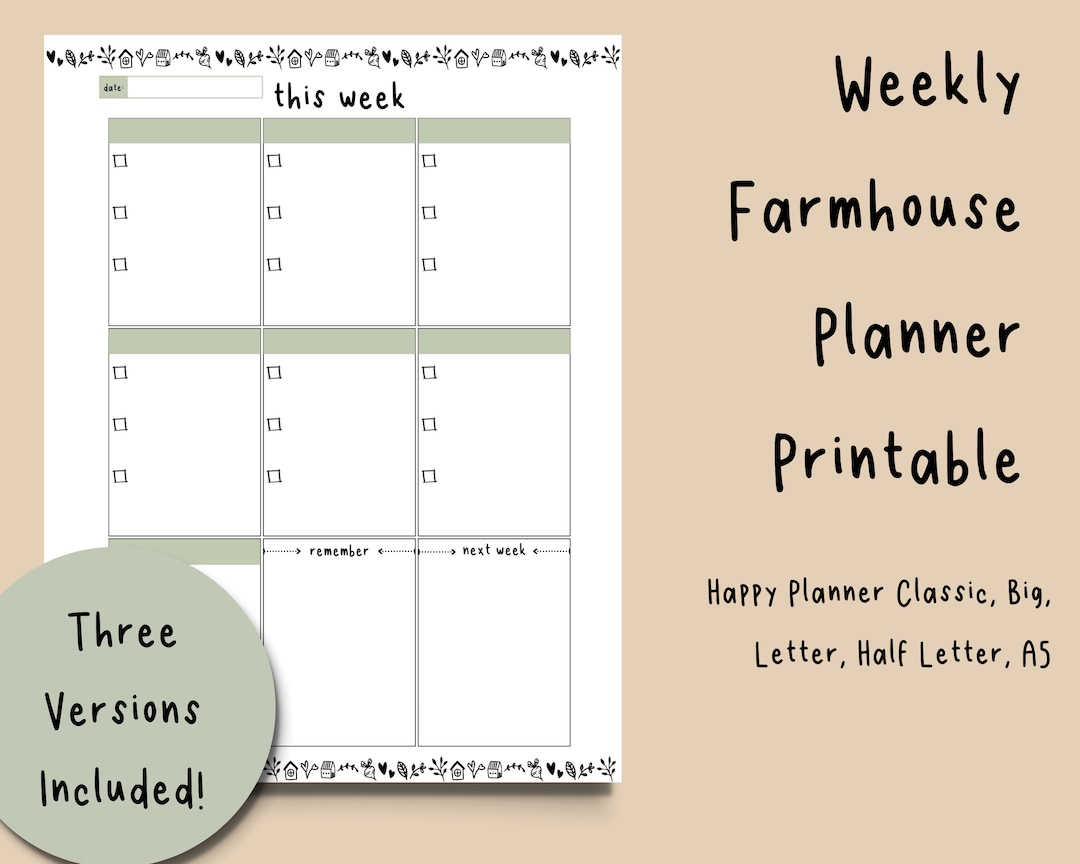 Simple Farmhouse Design | Printable Weekly Vertical One Page Planner ...