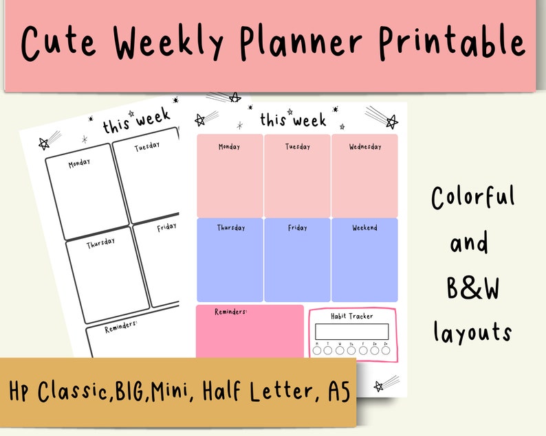 Cute Doodle Vertical Weekly Planner Printable 2 Versions | Happy ...