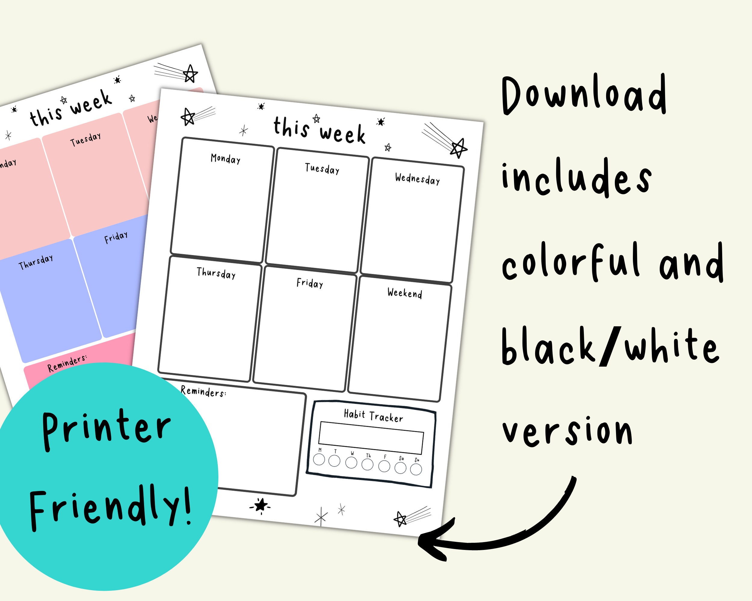Cute Doodle Vertical Weekly Planner Printable 2 Versions | Happy ...
