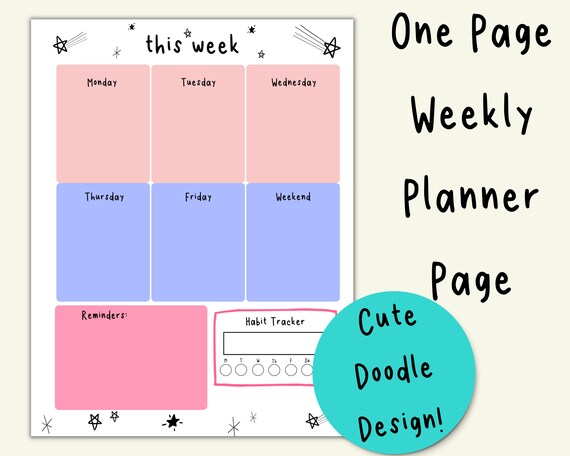 Cute Doodle Vertical Weekly Planner Printable 2 Versions | Etsy