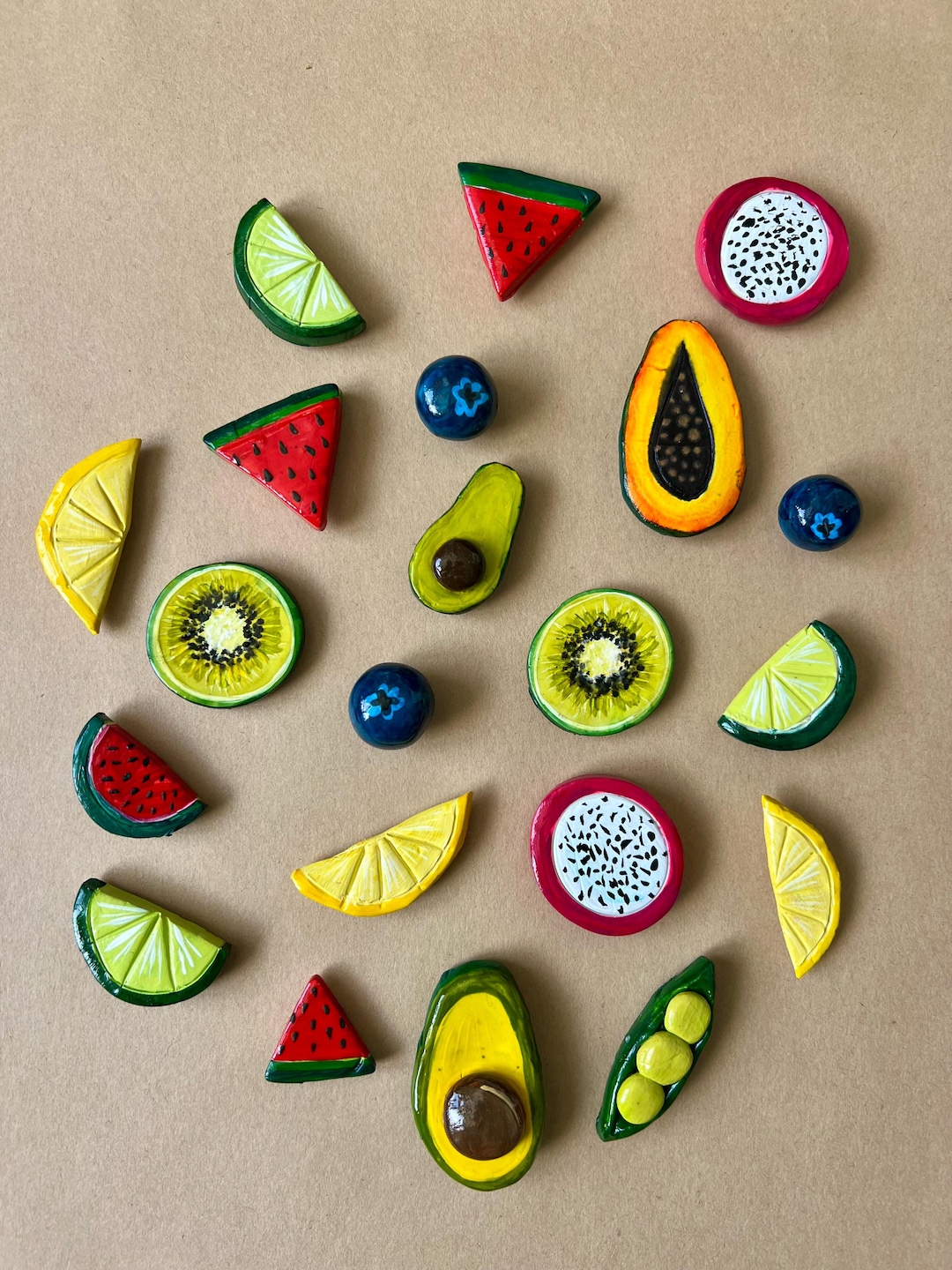 Mini Fruit Clay Magnets. Watermelon, Limes, Kiwi & Berries. Hand ...