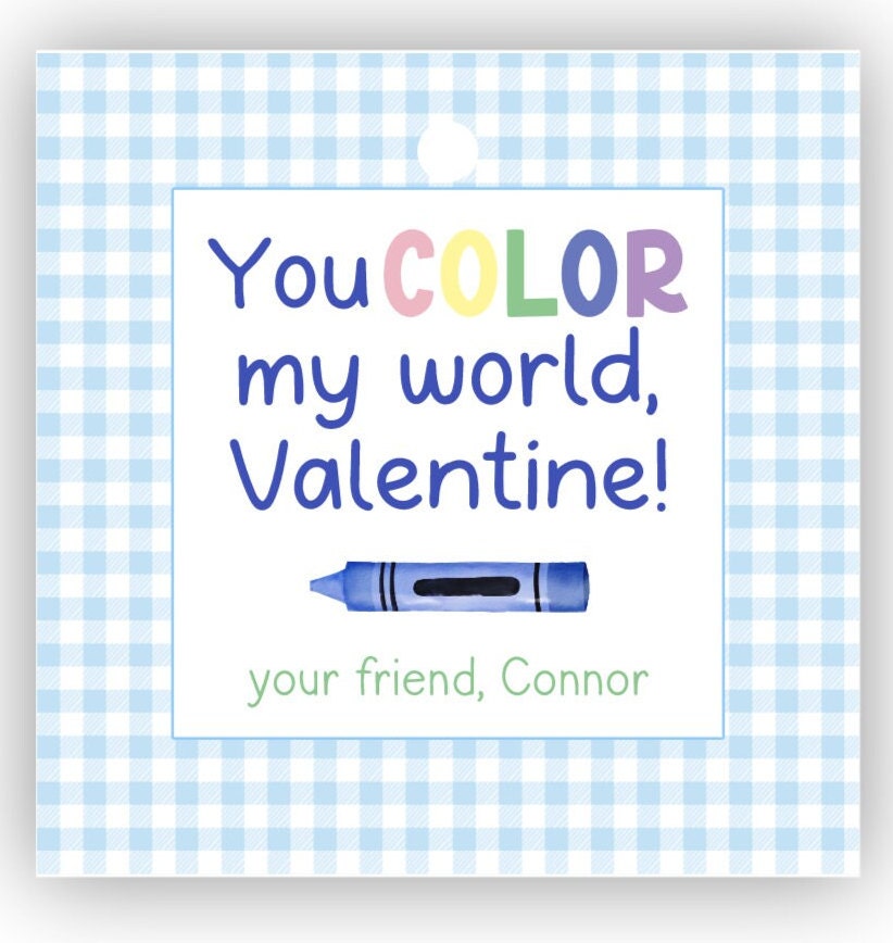 Kids Valentines Cards / Valentine Class Tags / Color Crayon Valentine ...