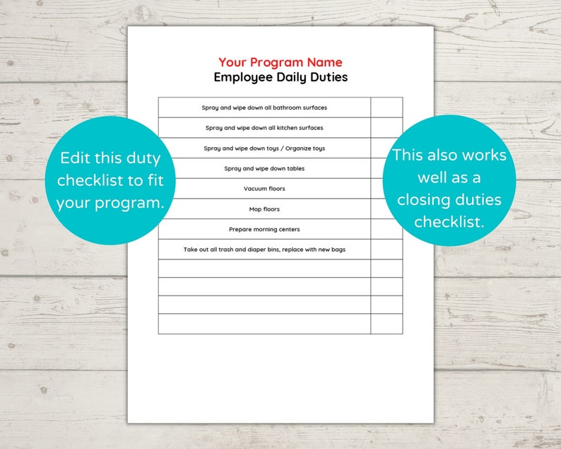 Daycare Employee Duties Checklist/ Child Care Staff Duties Checklist ...