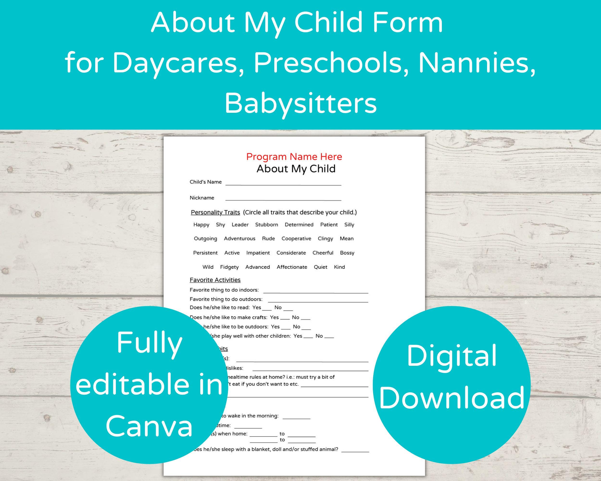 Editable About My Child Form/ Child Information/ Child Info Sheet ...