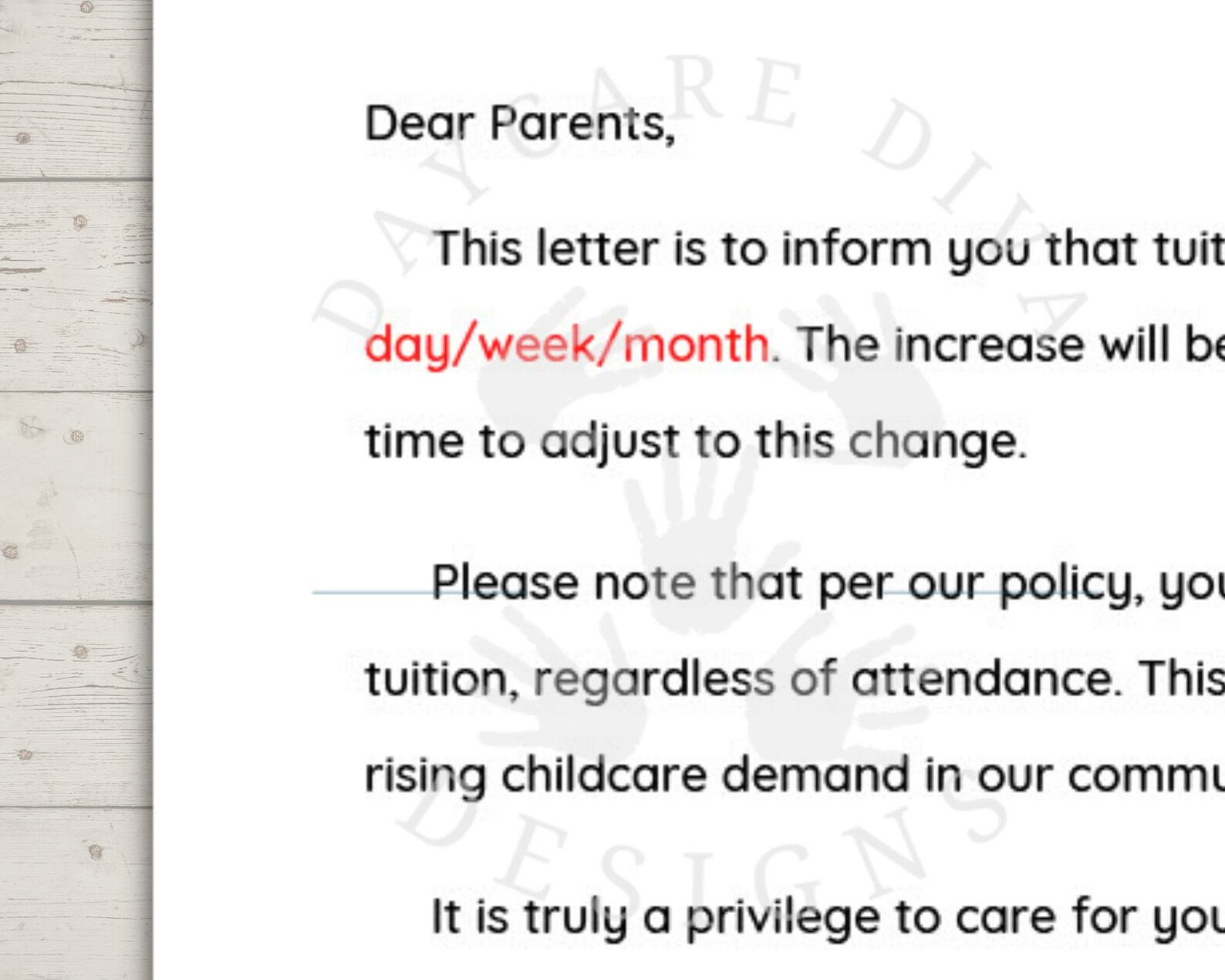 Childcare Tuition Increase Letter/ Daycare Price Increase Letter/ Price ...