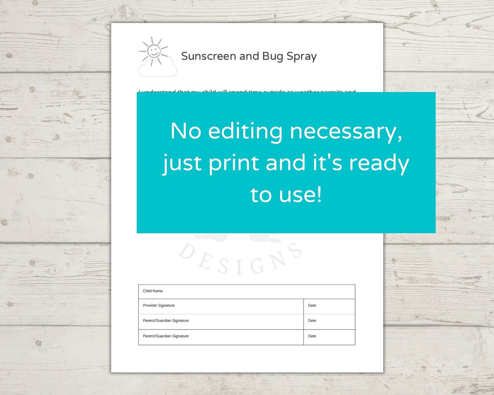 Sunscreen and Bug Spray Permission Form/ Sunscreen Application Form ...