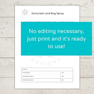 Sunscreen and Bug Spray Permission Form/ Sunscreen Application Form ...