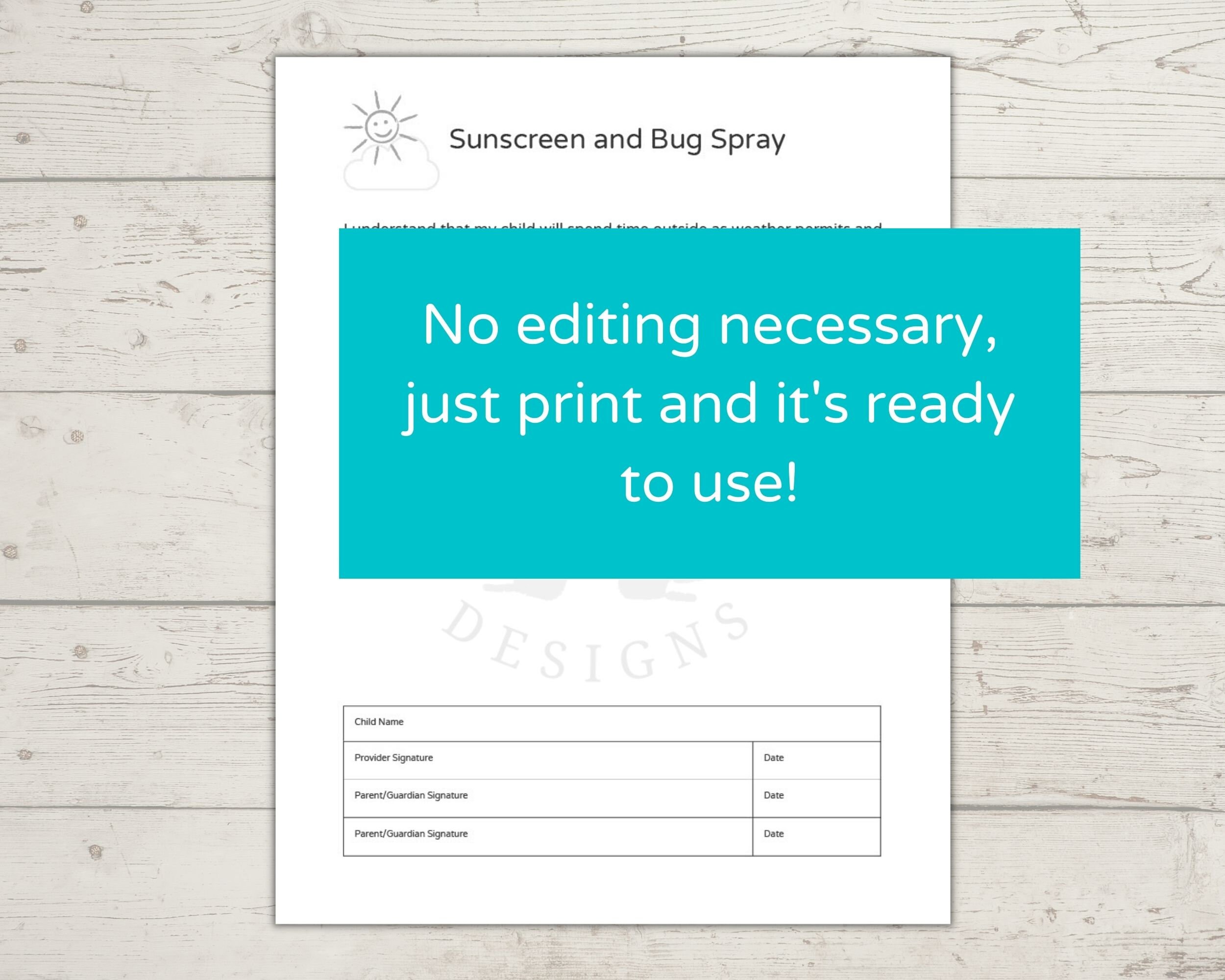 Sunscreen and Bug Spray Permission Form/ Sunscreen Application Form ...