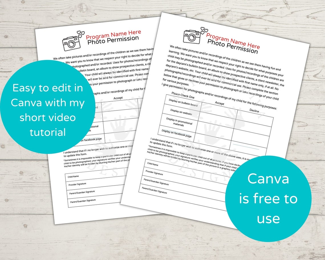 Editable Childcare Photo Release Form/ Photo Permission Form for ...