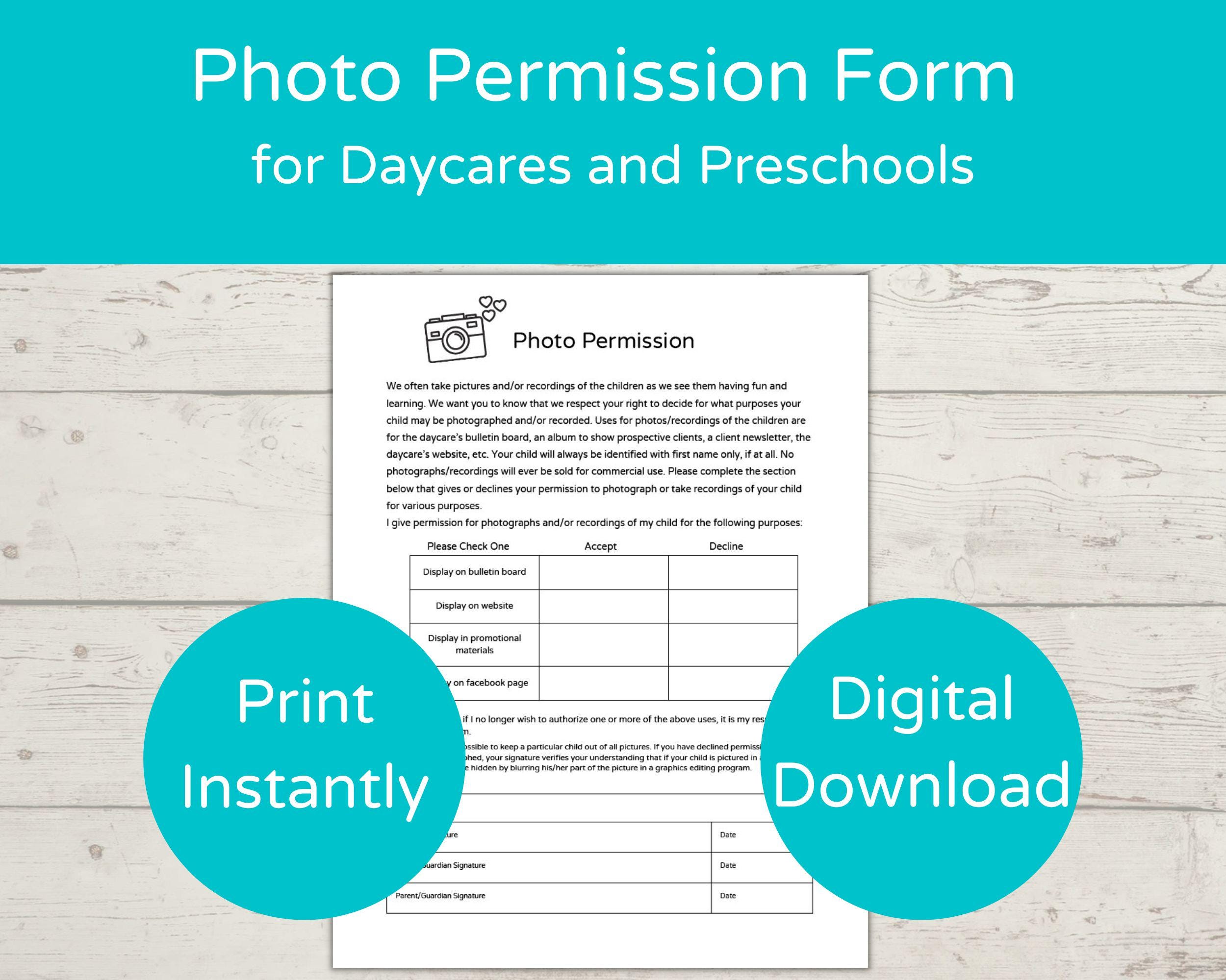 Childcare Photo Release Form/ Photo Permission Form for Childcare and ...