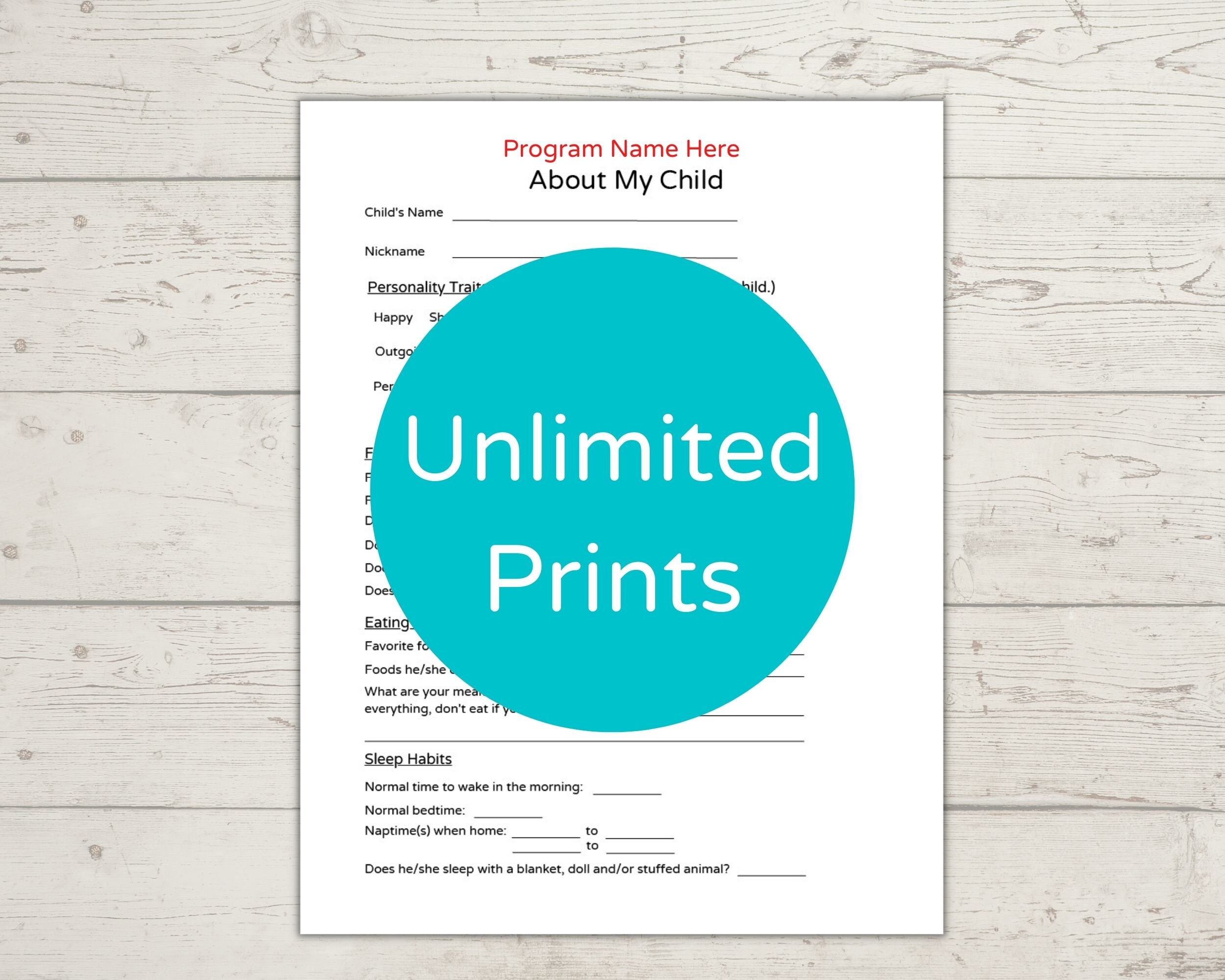 Editable About My Child Form/ Child Information/ Child Info Sheet ...