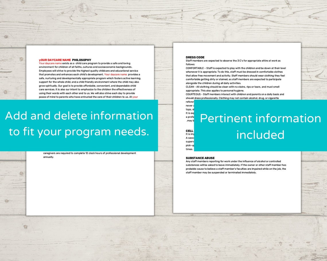 Daycare Employee Handbook/ Childcare Personnel Policies and Procedures ...