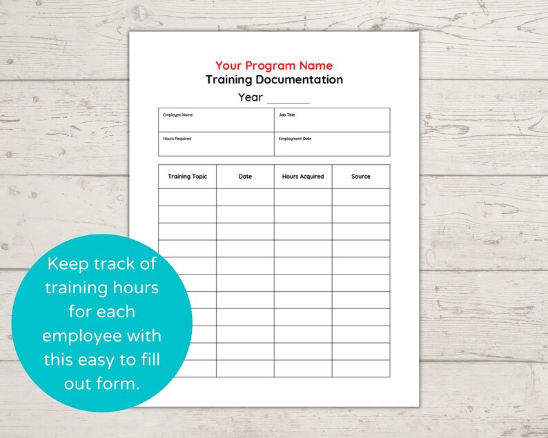 Child Care Personnel Training Log/ Daycare Employee Training Record ...