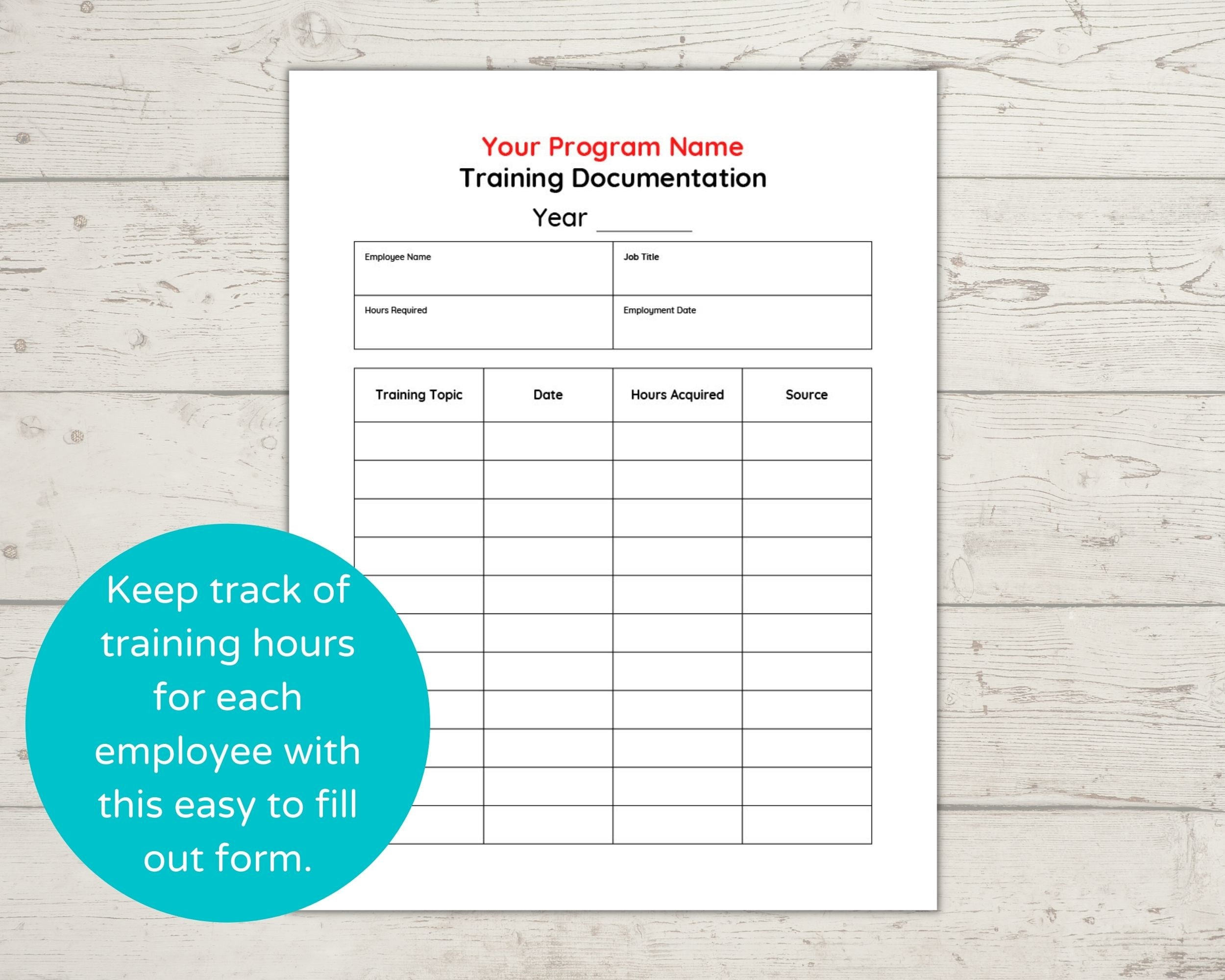 Child Care Personnel Training Log/ Daycare Employee Training Record ...