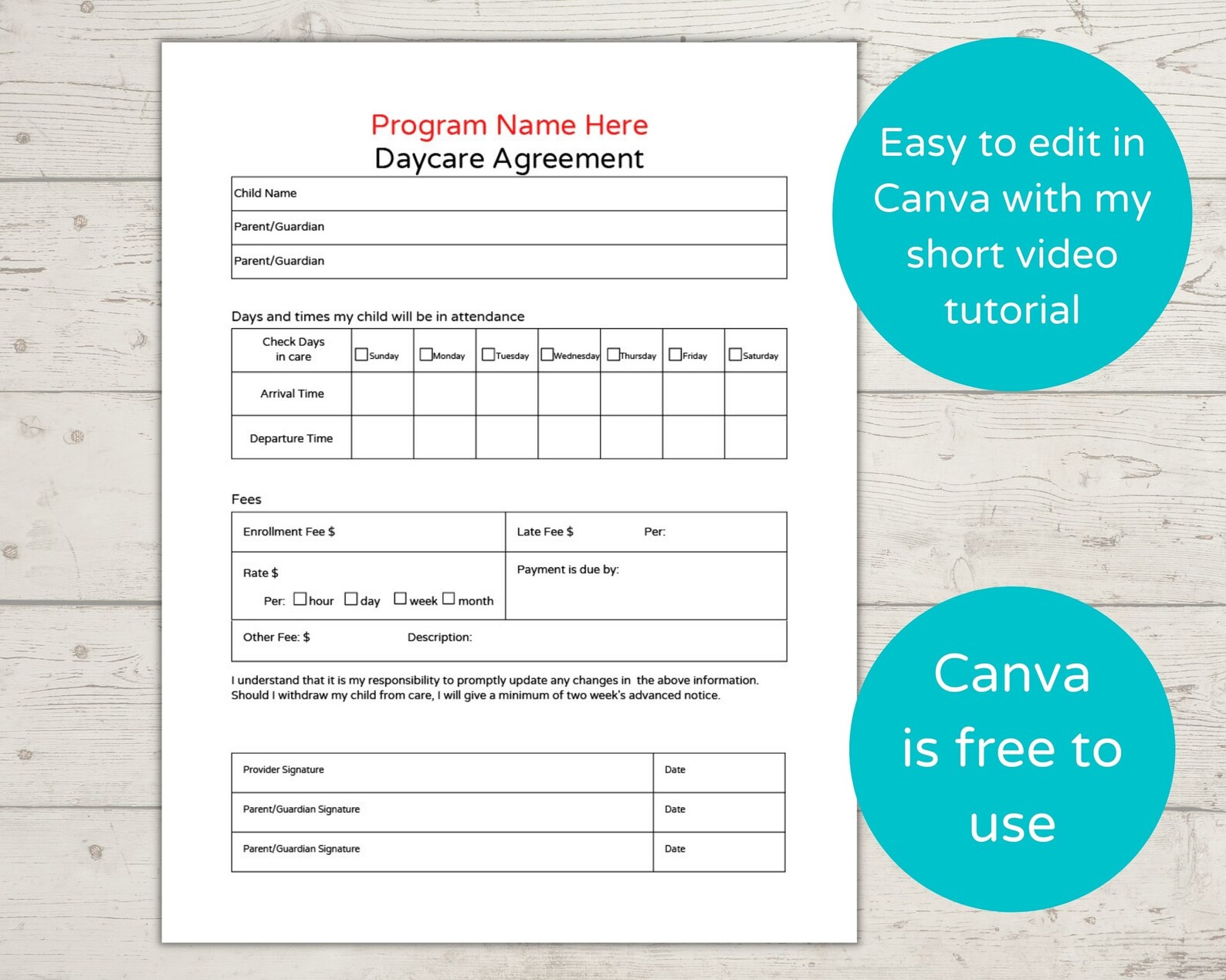 Editable Daycare Contract Instant Download/ Childcare Contract/ Daycare ...