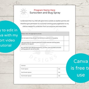 Editable Sunscreen and Bug Spray Permission Form/ Sunscreen Application ...