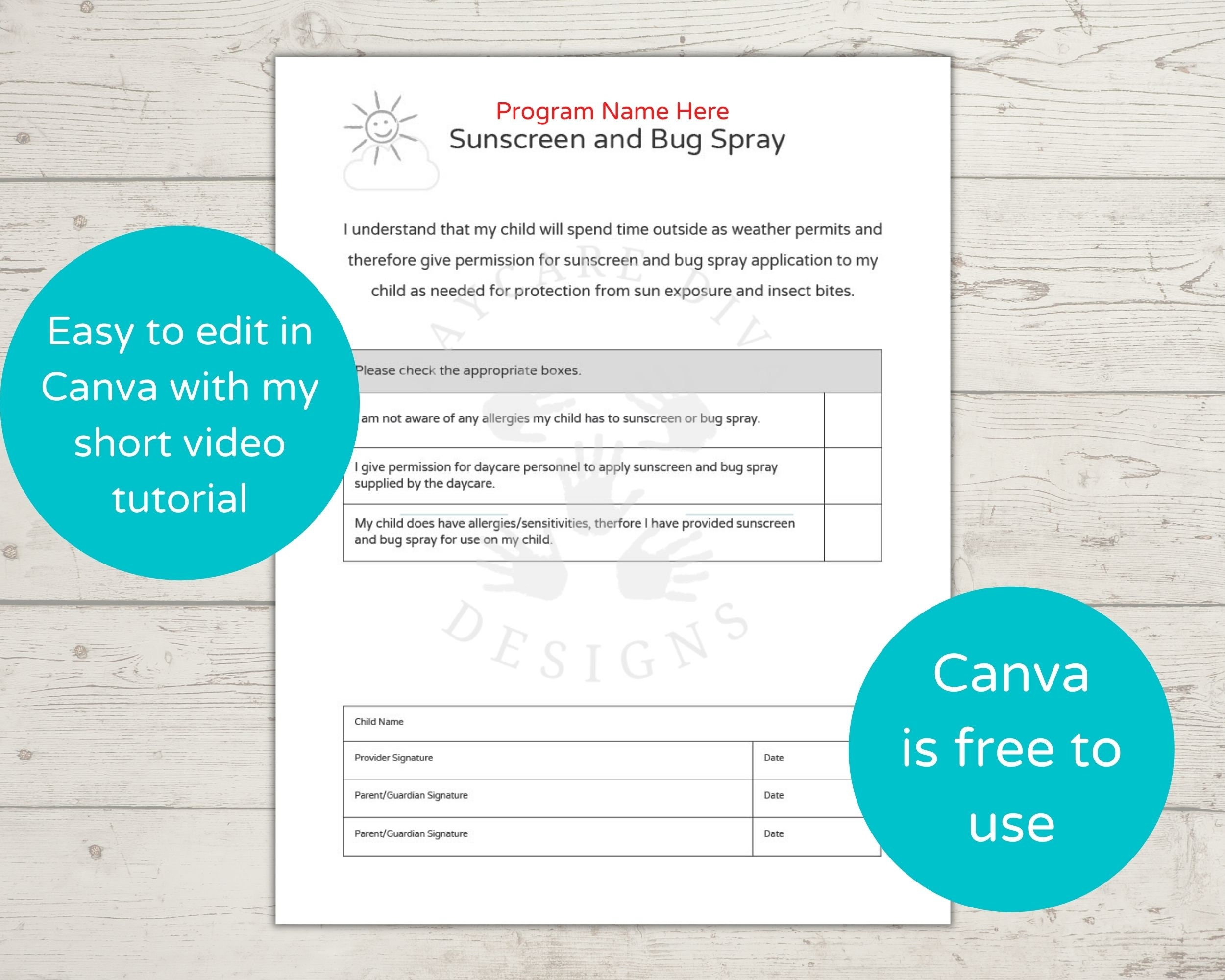 Editable Sunscreen and Bug Spray Permission Form/ Sunscreen Application ...