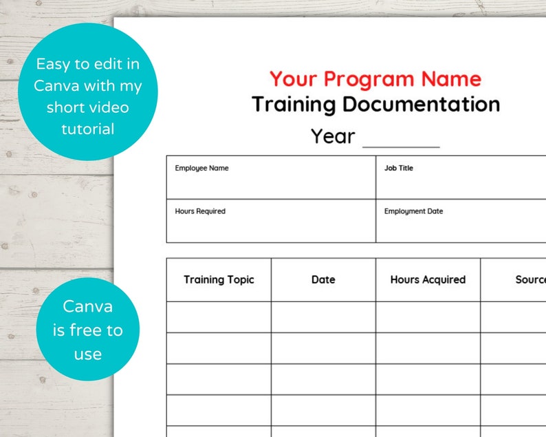 Child Care Personnel Training Log/ Daycare Employee Training Record ...