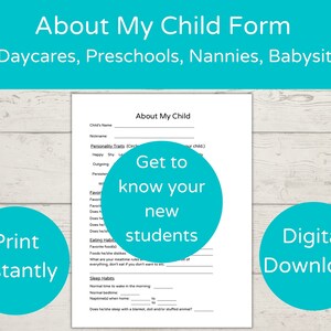 About My Child Form/ Child Information/ Child Info Sheet/ Childcare ...