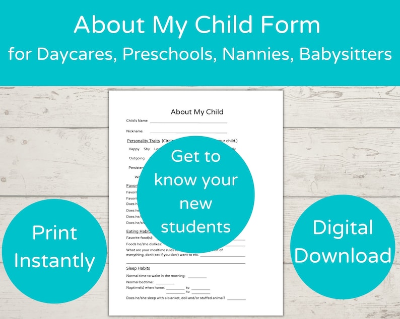 About My Child Form/ Child Information/ Child Info Sheet/ Childcare ...