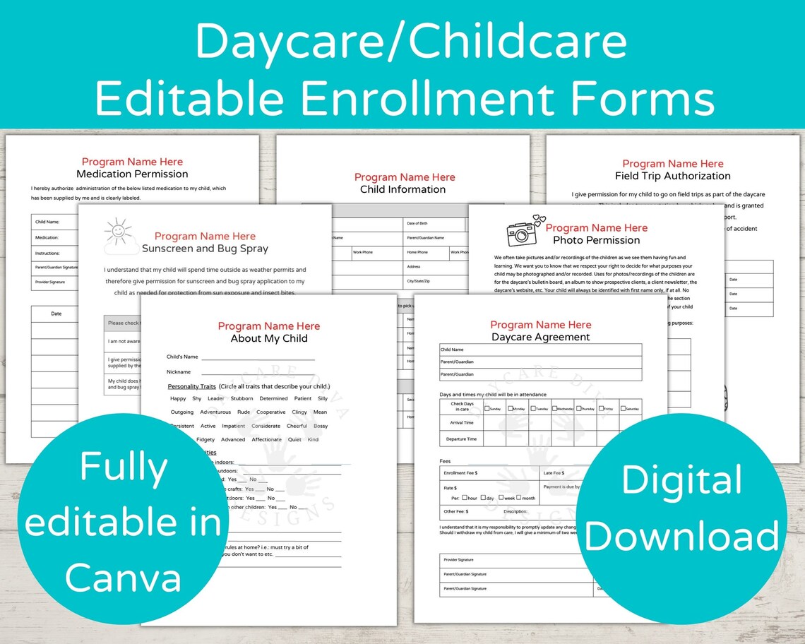 Daycare Enrollment Forms/ Fully Editable Forms/ Childcare - Etsy