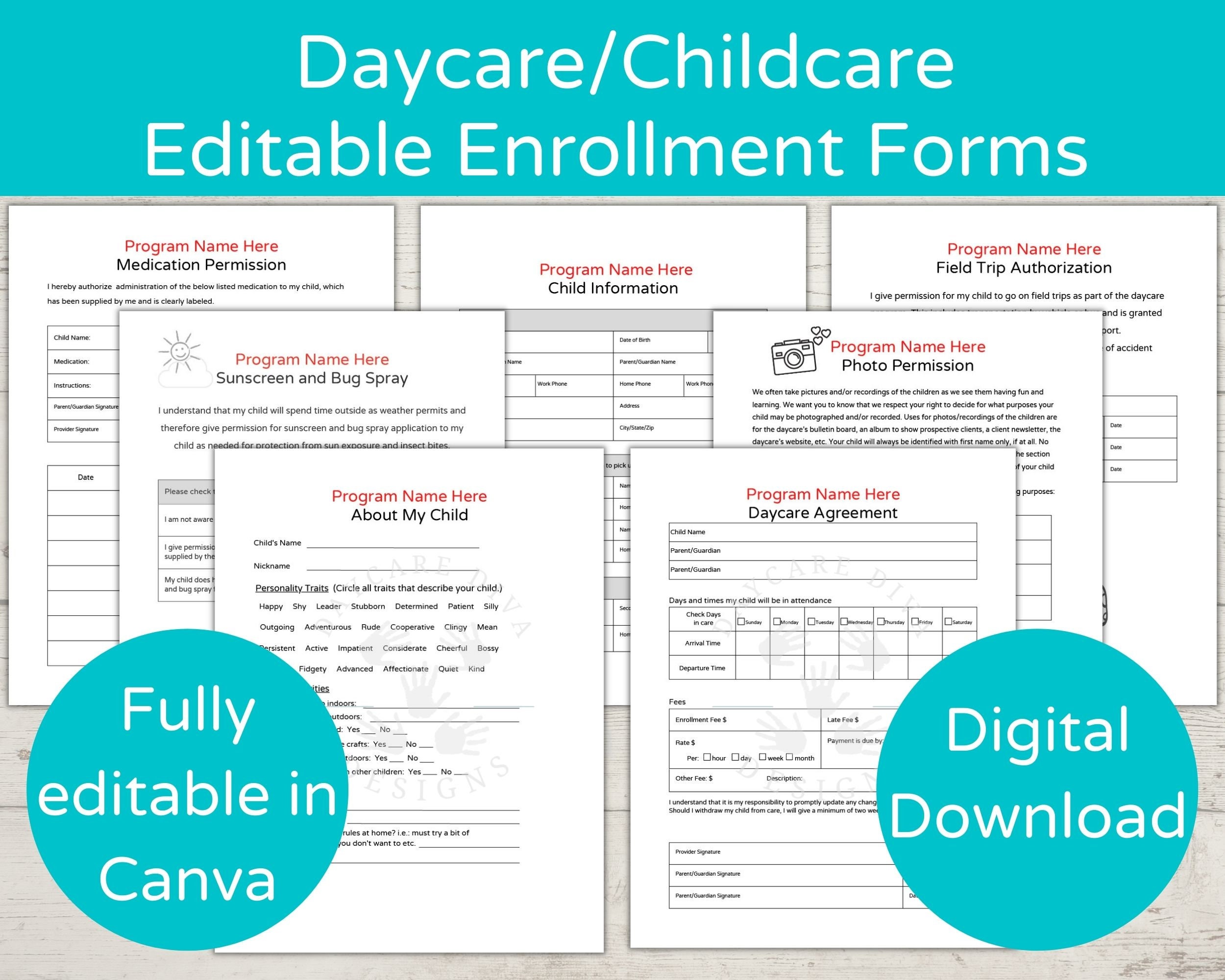 Daycare Enrollment Forms/ Fully Editable Forms/ Childcare Enrollment ...