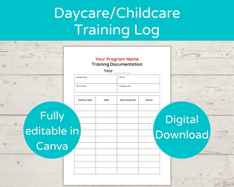 Child Care Personnel Training Log/ Daycare Employee Training Record ...