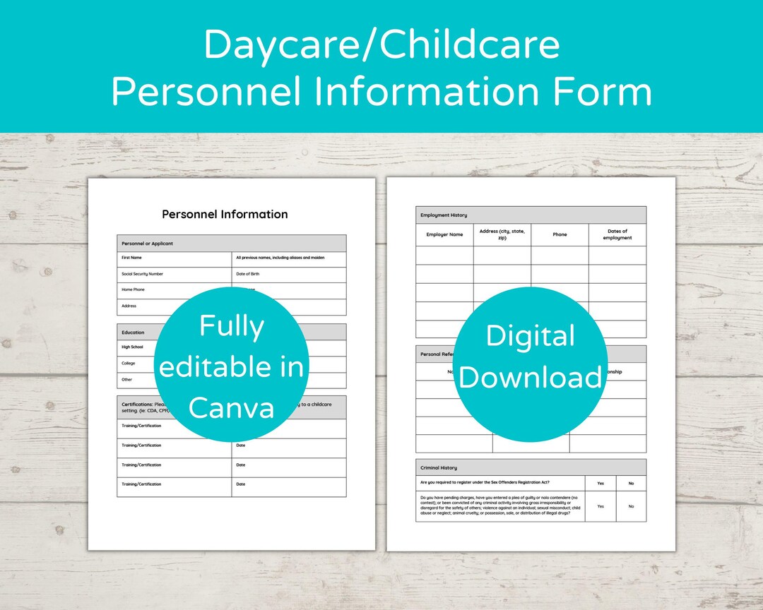 Child Care Employee Application/ Daycare Personnel Information Form ...
