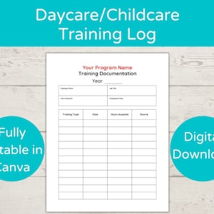 Child Care Personnel Training Log/ Daycare Employee Training Record ...