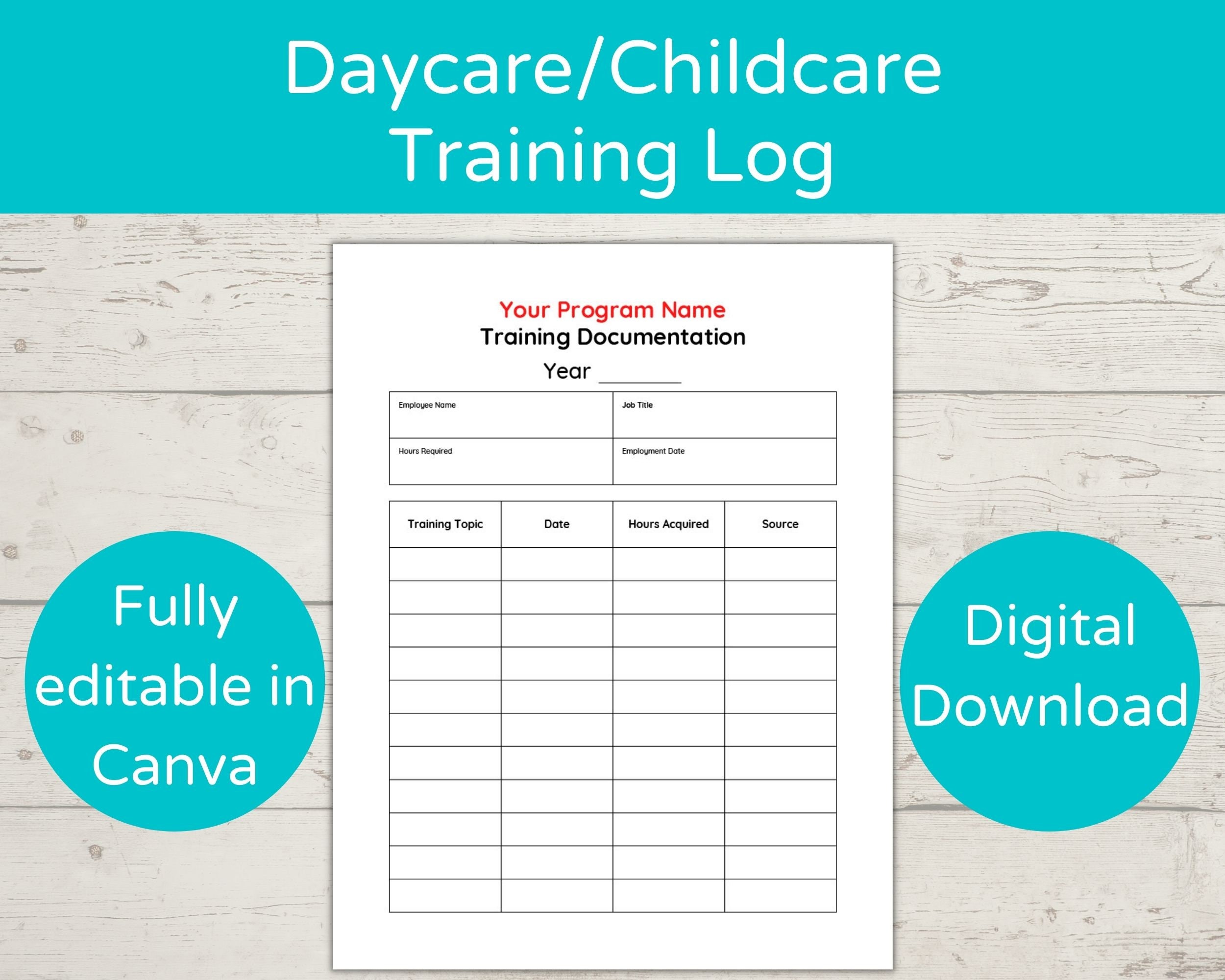 Child Care Personnel Training Log/ Daycare Employee Training Record ...