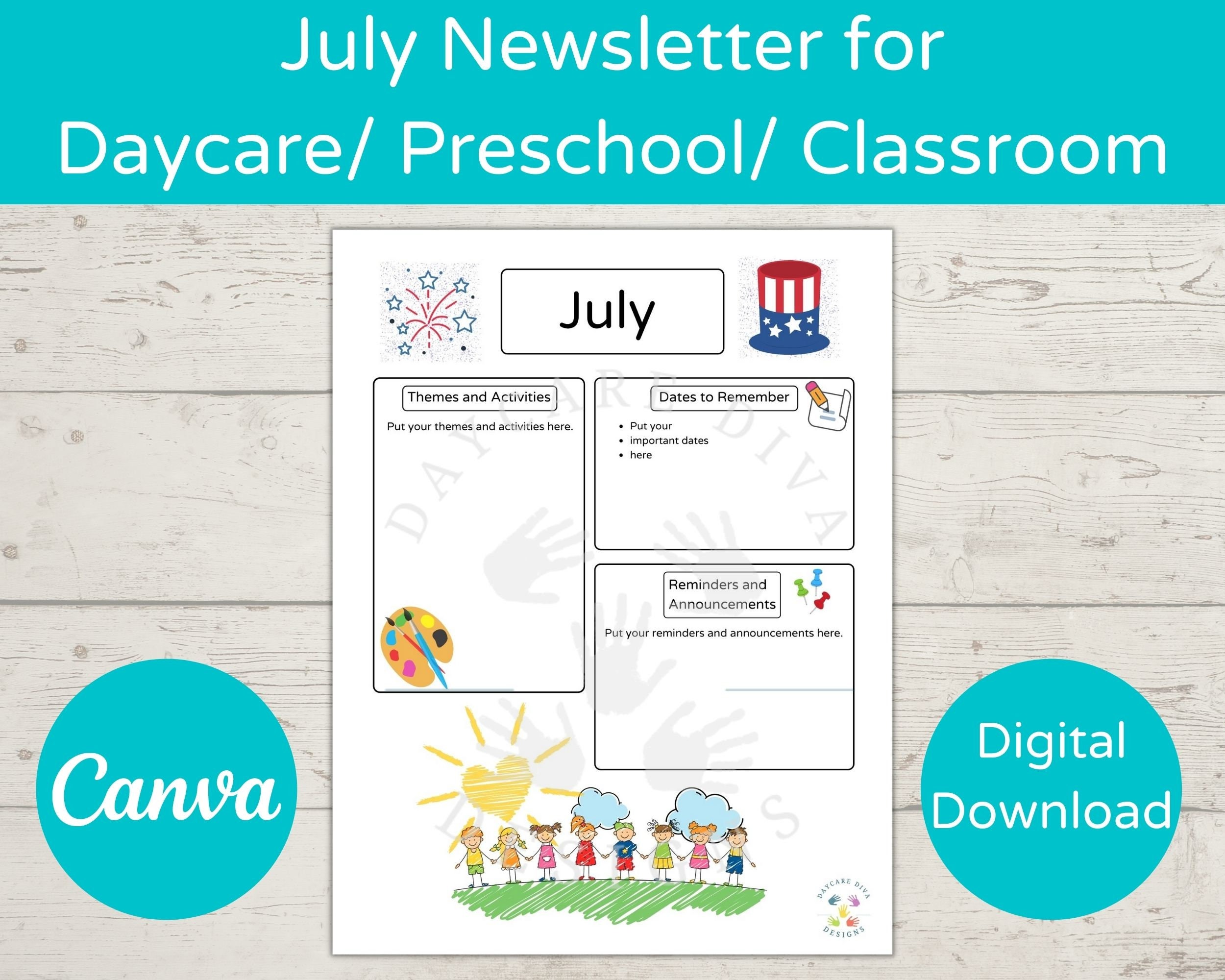 July Daycare Newsletter Template/ Preschool Newsletter Template/ July ...