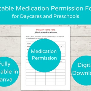 Editable Medication Permission Form/ Daycare Medication Form/ Childcare ...