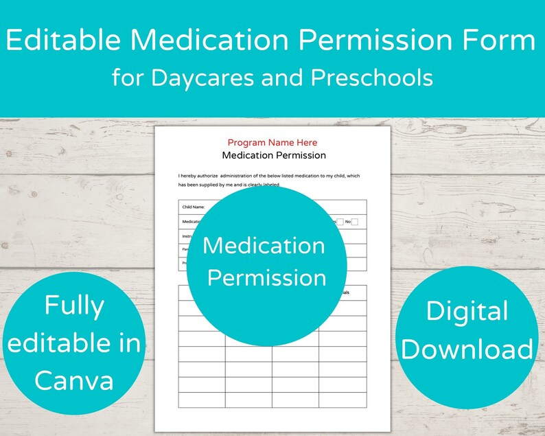 Editable Medication Permission Form/ Daycare Medication Form/ Childcare ...