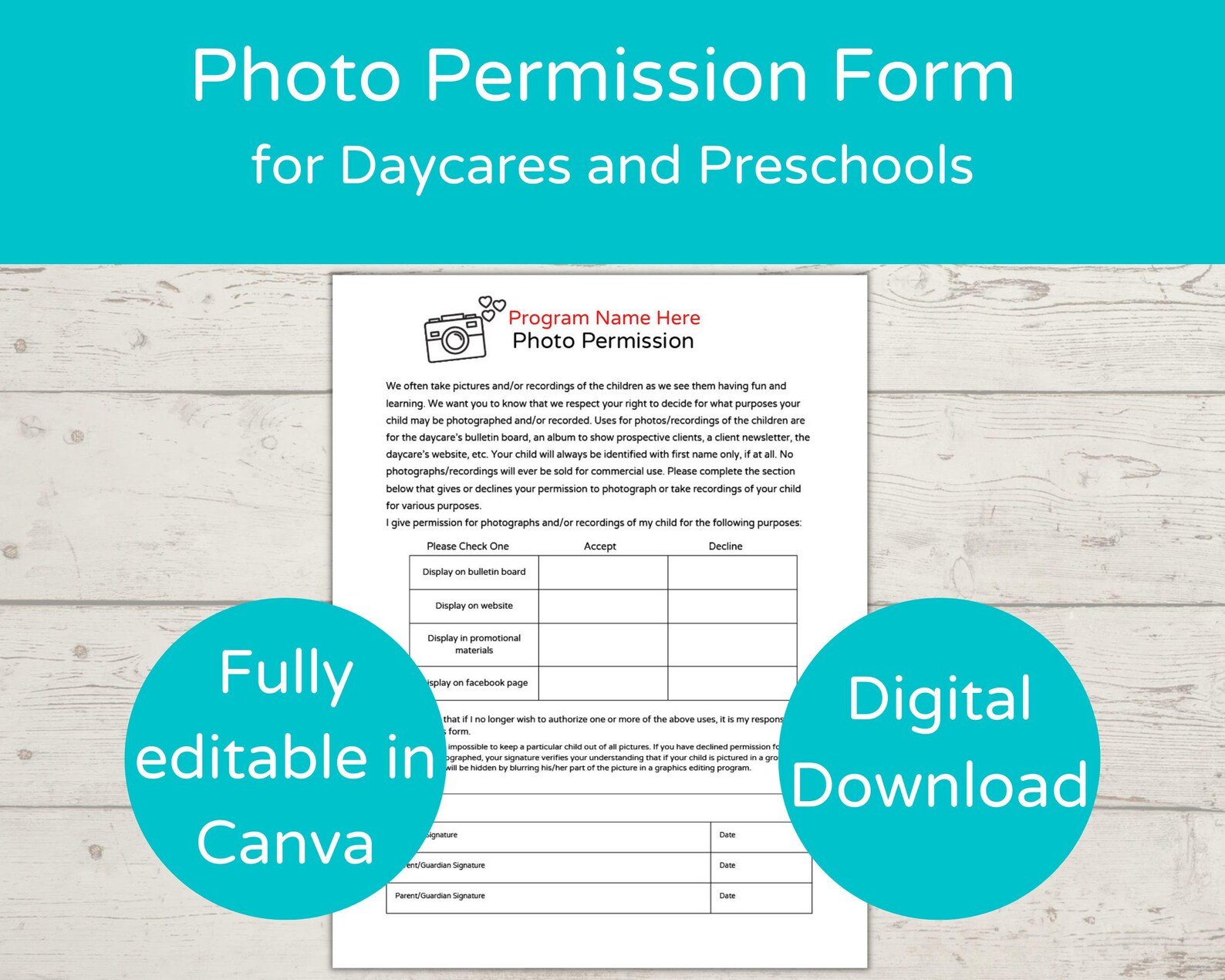Editable Childcare Photo Release Form/ Photo Permission Form for ...