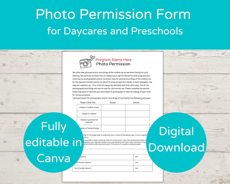 Editable Childcare Photo Release Form/ Photo Permission Form for ...