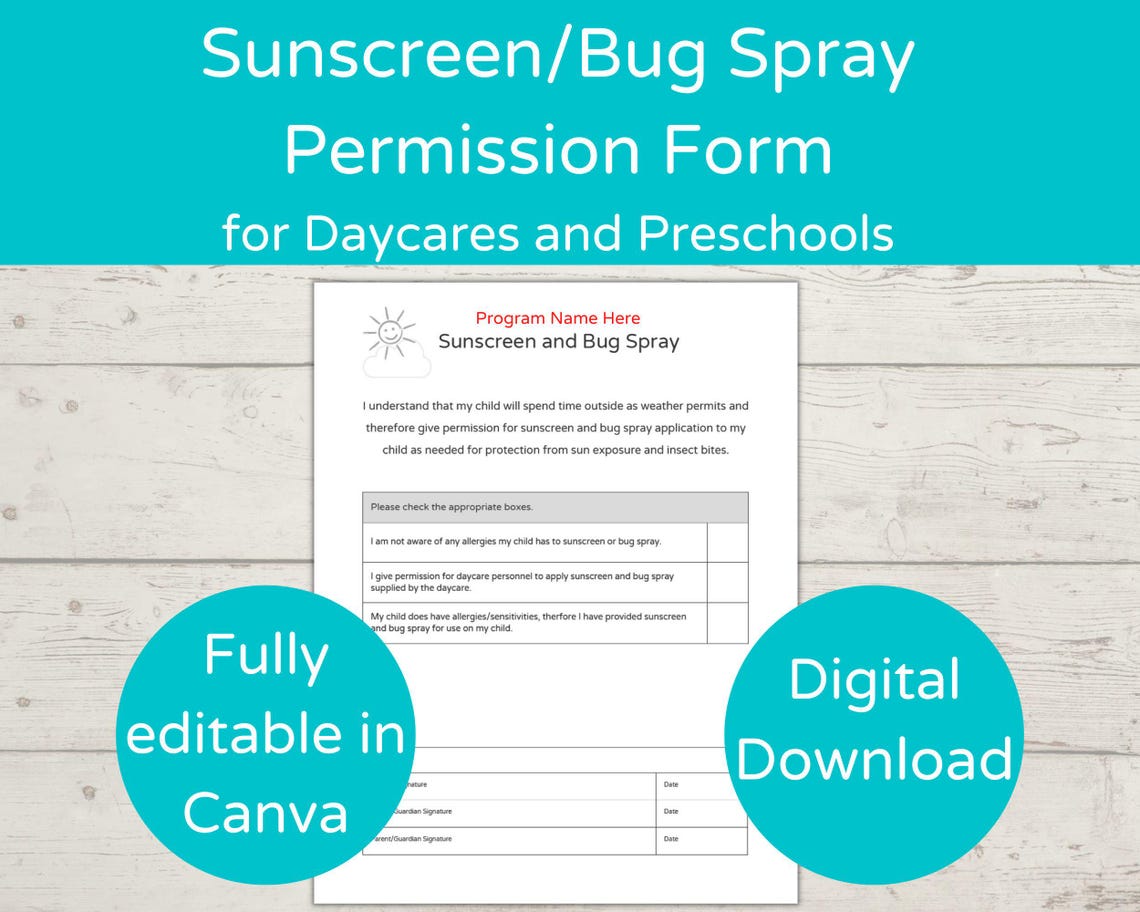 Editable Sunscreen and Bug Spray Permission Form/ Sunscreen Application ...