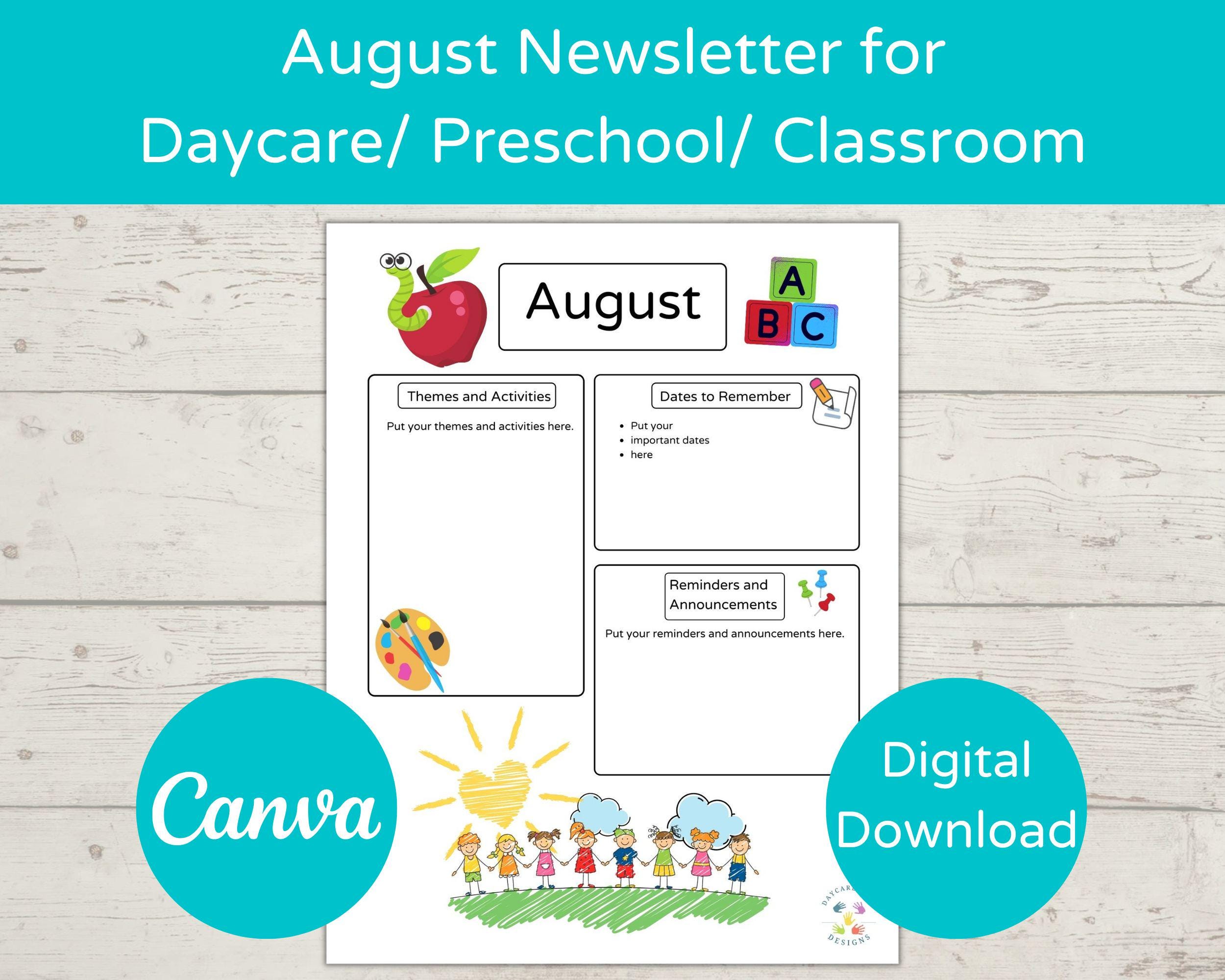 August Daycare Newsletter Template/ Preschool Newsletter Template ...